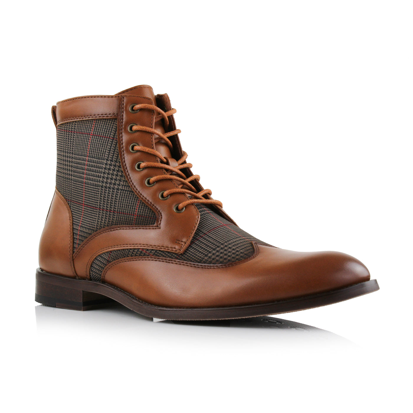 Men's Plaid Wingtip Boots | Gideon in Cognac | Vegan Leather Boots