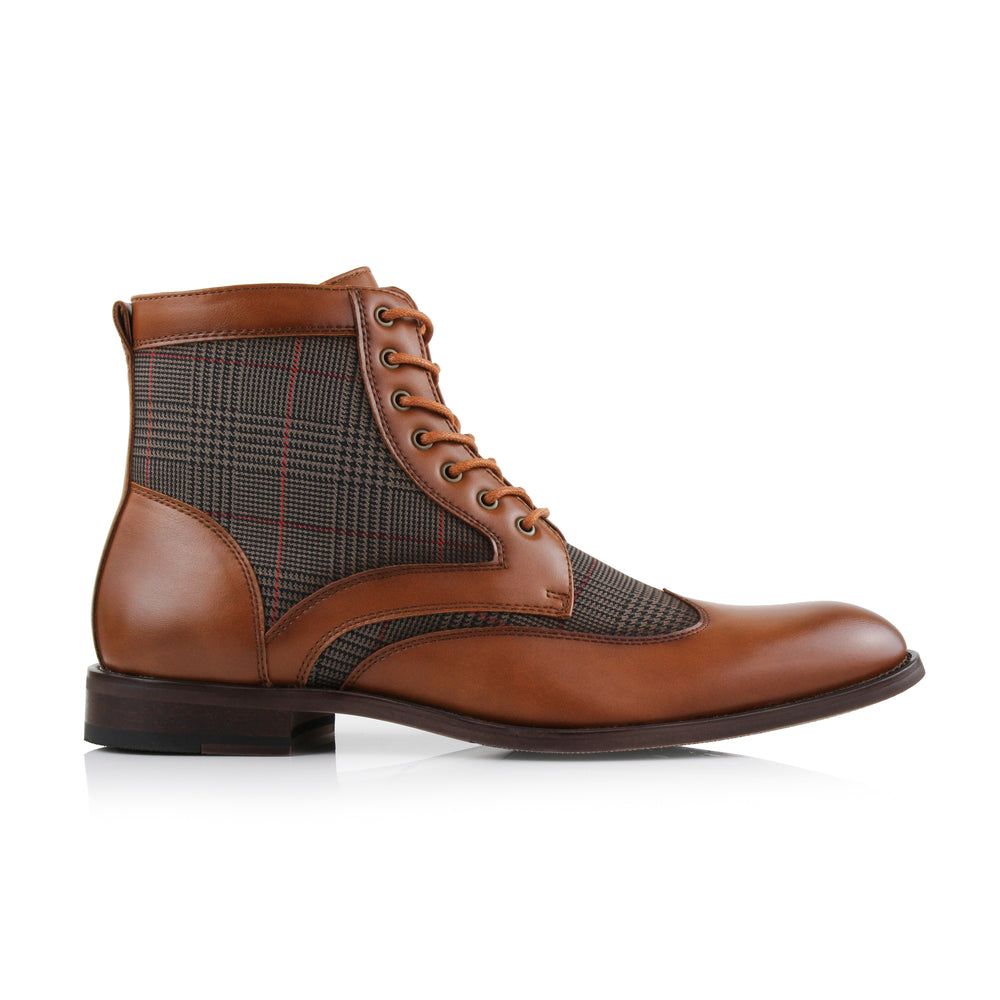 Men's Plaid Wingtip Boots | Gideon in Cognac | Vegan Leather Boots