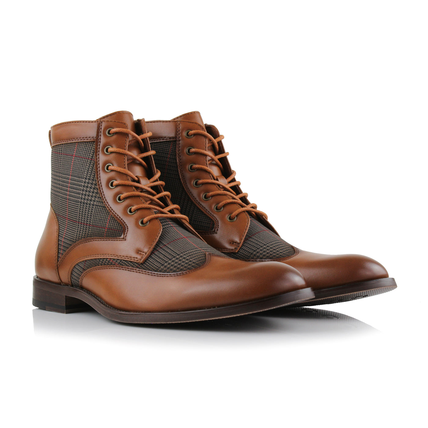 Men's Plaid Wingtip Boots | Gideon in Cognac | Vegan Leather Boots